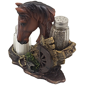 Home 'n Gifts Chestnut Resin Shaker Set with Horse Holder, 3 Pieces, 6 x 3 x 2 inches, Western Ranch Decor, Country Farm Kitchen Table Centerpiece, Gift for Farmers