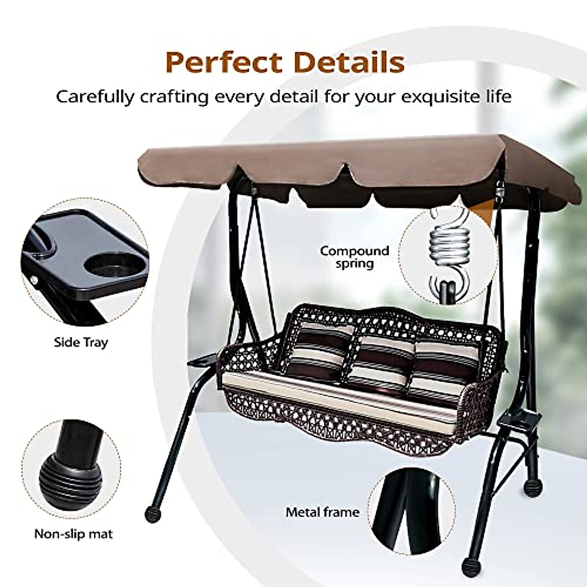 J.M.Deco 3 Seat Porch Swing, Outdoor Swing with Canopy Adjustable, 3 Pillows & 2 Side Trays, Wicker Patio Swing Chair for Balcony, Garden, Poolside, Backyard (Brown)
