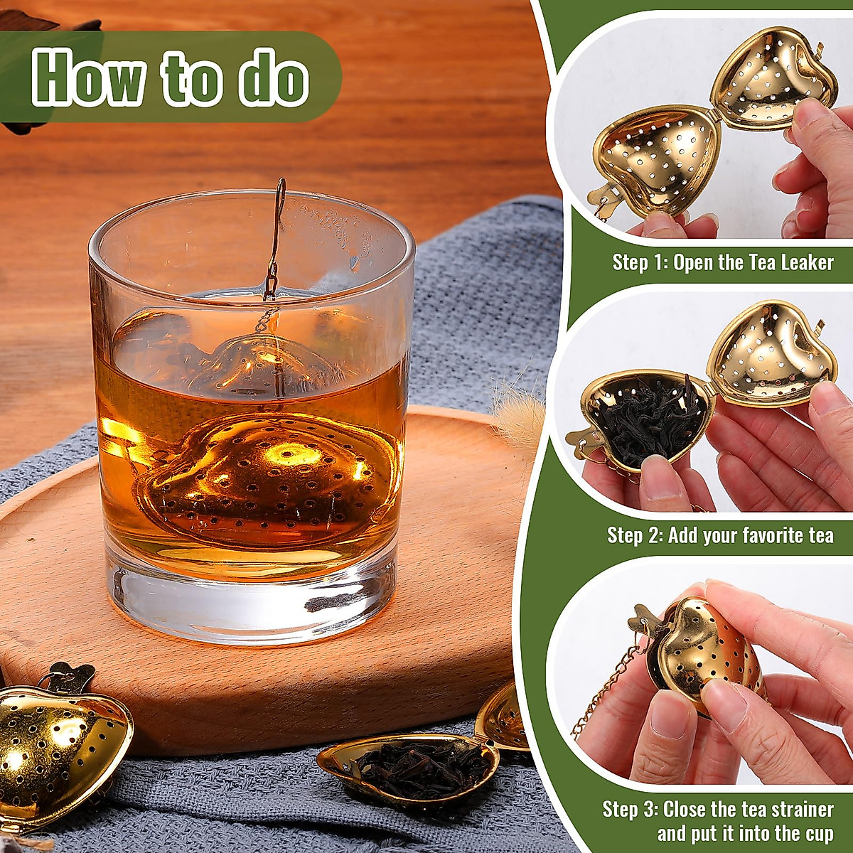 Sumind 50 Pcs Stainless Steel Tea Strainer Ball Infuser Loose Leaf Steeper Interval Diffuser Heart Shape Mesh Filters with Extended Chain Hook for tea party Seasonings Cup Bottle(Gold)