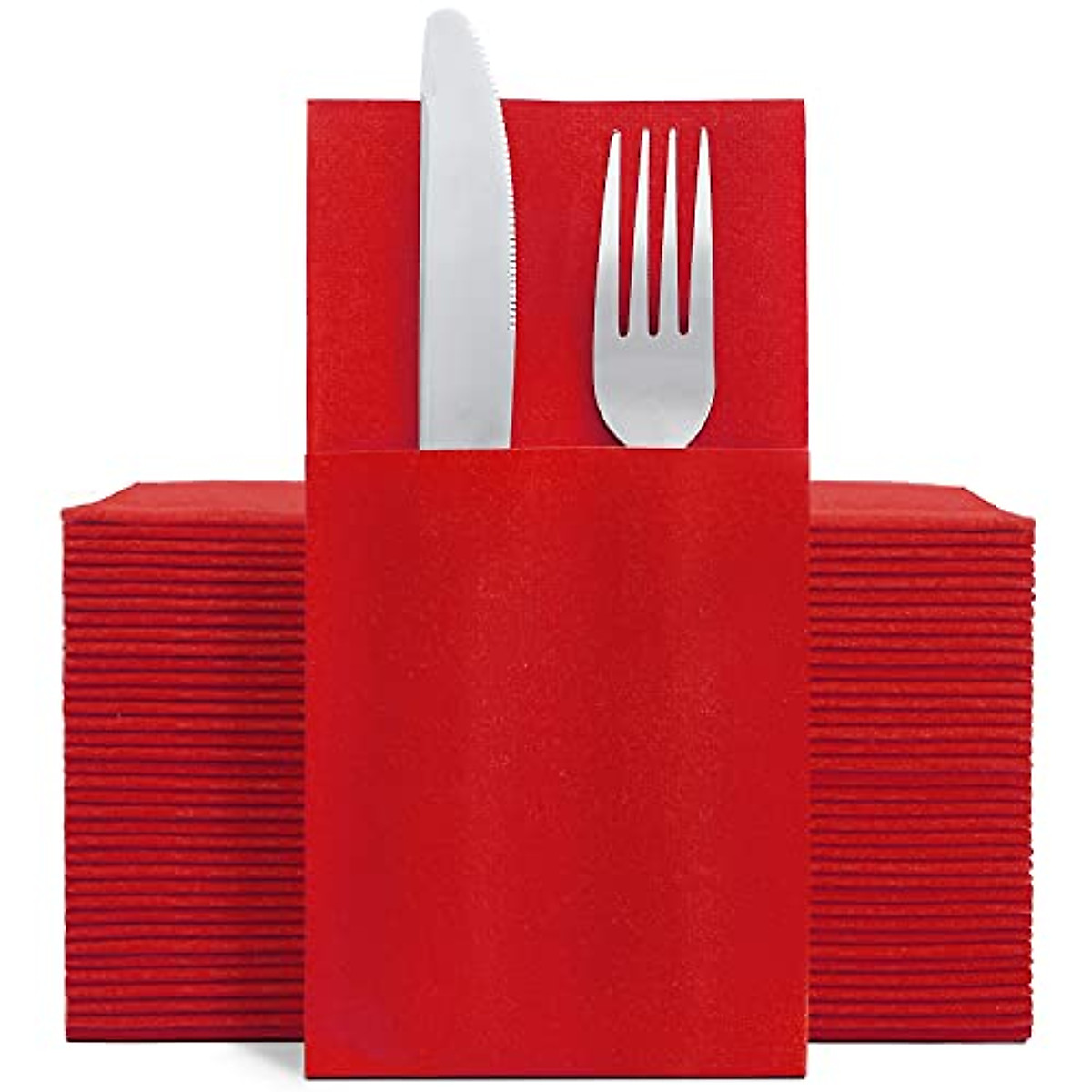 Linen-Feel Flame Red Paper Napkins, Cloth Like Dinner Napkins with Built-in Flatware Pocket, Pre-Folded Christmas Napkins Disposable Guest Paper Hand Towels for Kitchen, Events Party Napkins 50 Pack