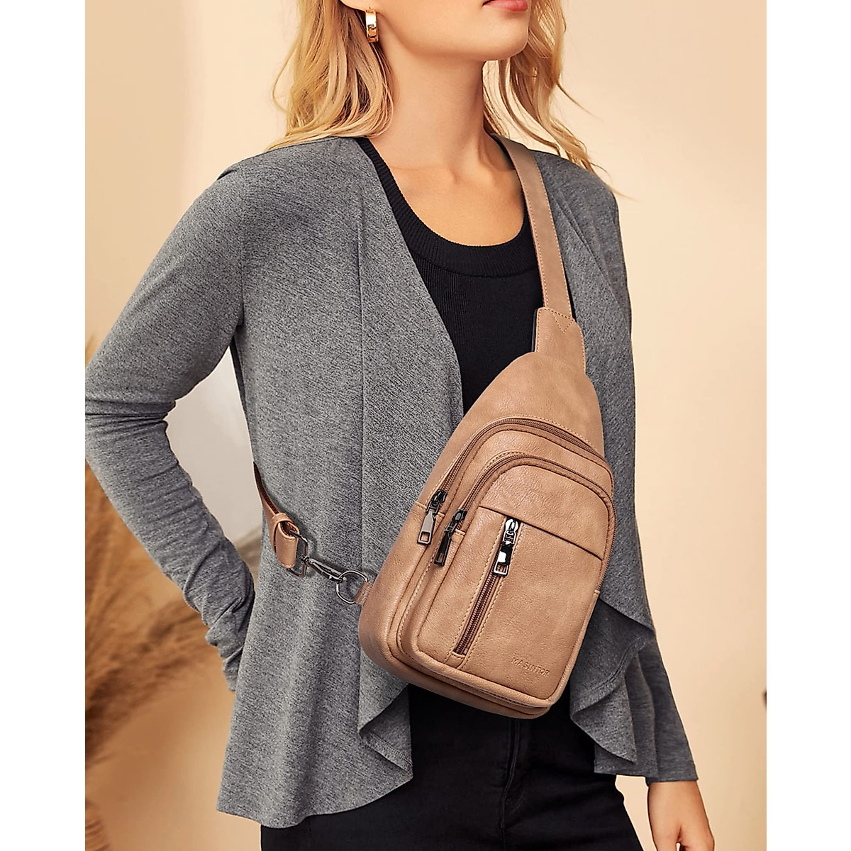 MASINTOR Sling Bag for Women - Crossbody Bags Fanny Pack with Vegan Leather - Adjustable Sling Backack for Travel Camel Brown