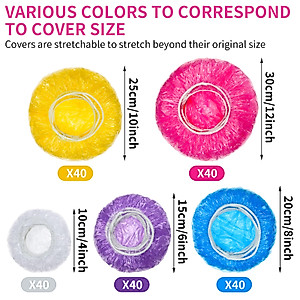 200 Pcs 5 Size Plastic Bowl Covers with Elastic Bulk Reusable Bowl Covers Disposable Food Covers Storage Cover Plastic Wrap for Leftovers Family Outdoor Picnic (White, Purple, Blue, Yellow, Pink)