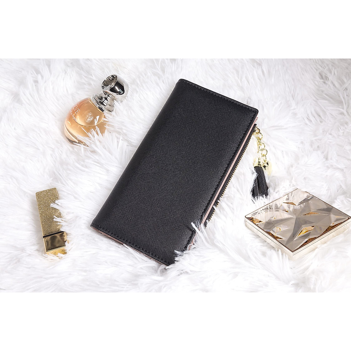 Meilib Wallet for Women Leather Cell Phone Case Holster Bag, Long Slim Credit Card Holder Cute Minimalist Coin Purse Thin Large Capacity Zip Clutch Handbag Wallet for Girls Ladies Black