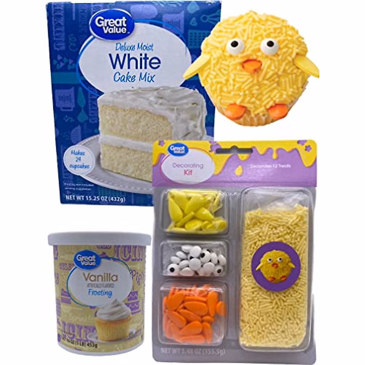 Spring Chick Cupcake Decorating Kit for ADORABLE Baby Chick Cupcakes! White Cake Mix, Vanilla Frosting, White Cupcake Liners and Candy Eyes, Orange Candy Beak, Yellow Candy Wings and Yellow Sprinkles. Cute Easter Spring Cupcake Decorations for Family, Kid