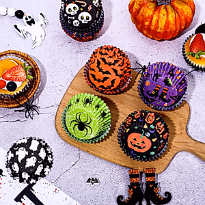 Whaline 600Pcs Halloween Cupcake Liners Pumpkin Witch Legs Bats Ghosts Spiders Skulls Cupcake Wrappers Baking Cups Holders Muffin Baking Liners for Halloween Party Supply
