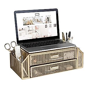BLU MONACO Gold Monitor Stand with Drawer – Computer Monitor Riser with Storage – Laptop Stand for Desk with Storage - Laptop Organizer - Desk Organizer with Drawers