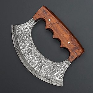 One Handed Rocker Damascus Ulu Knife With Sheath, Rocker Knife For One Handed Cutting, 5.5 Inches Rocker Damascus Ulu Knife, Heavy Duty Rocker Knife / Ulu Knife / Mezzaluna Knife (Rose Wood)