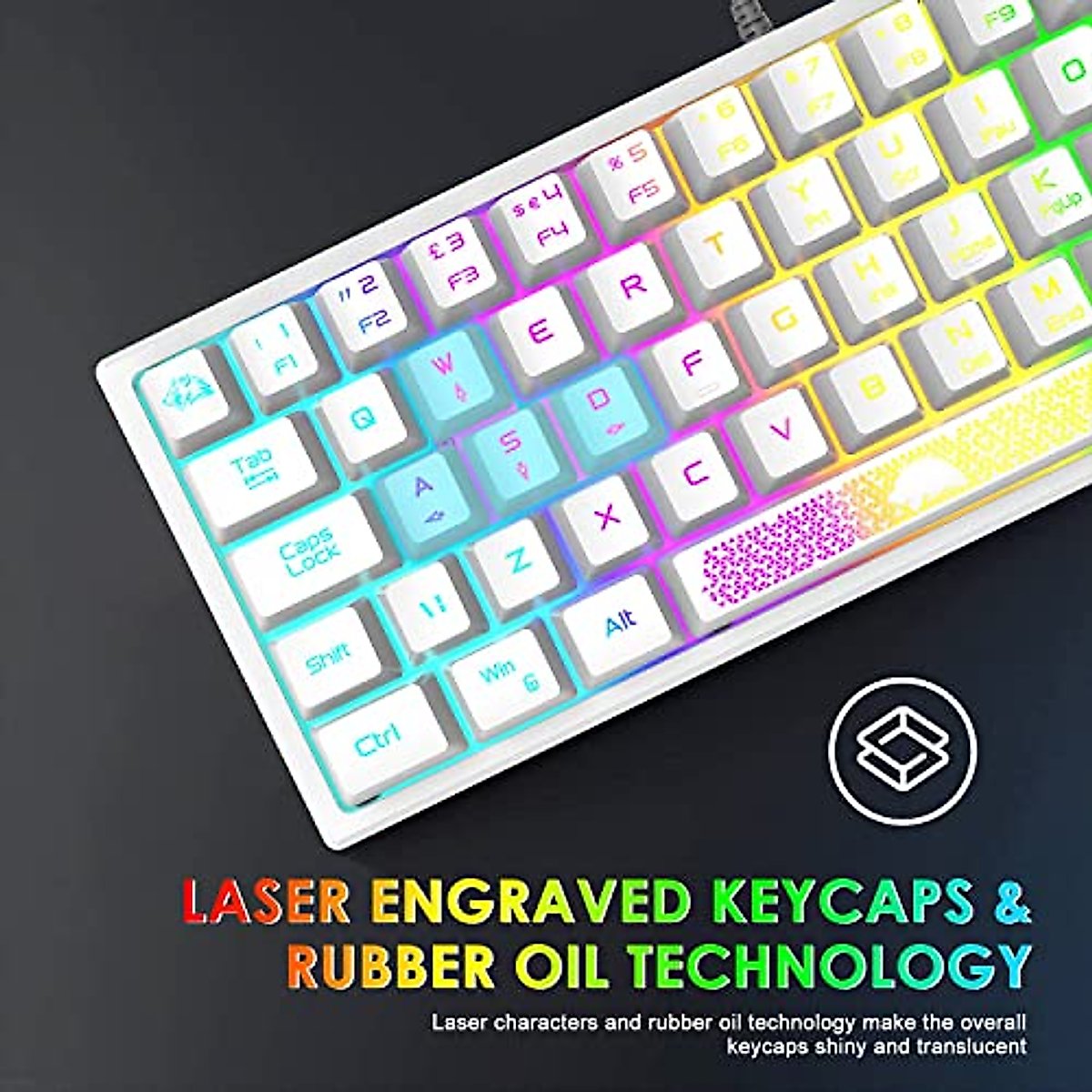 60% Gaming Keyboard and Mouse,Rainbow LED Backlit Gaming Keyboard with Wired Mini Portable Ergonomic 2400 DPI Ultralight Gaming Honeycomb Shell Mouse,Mouse Pad for Windows PC Gamers(White)