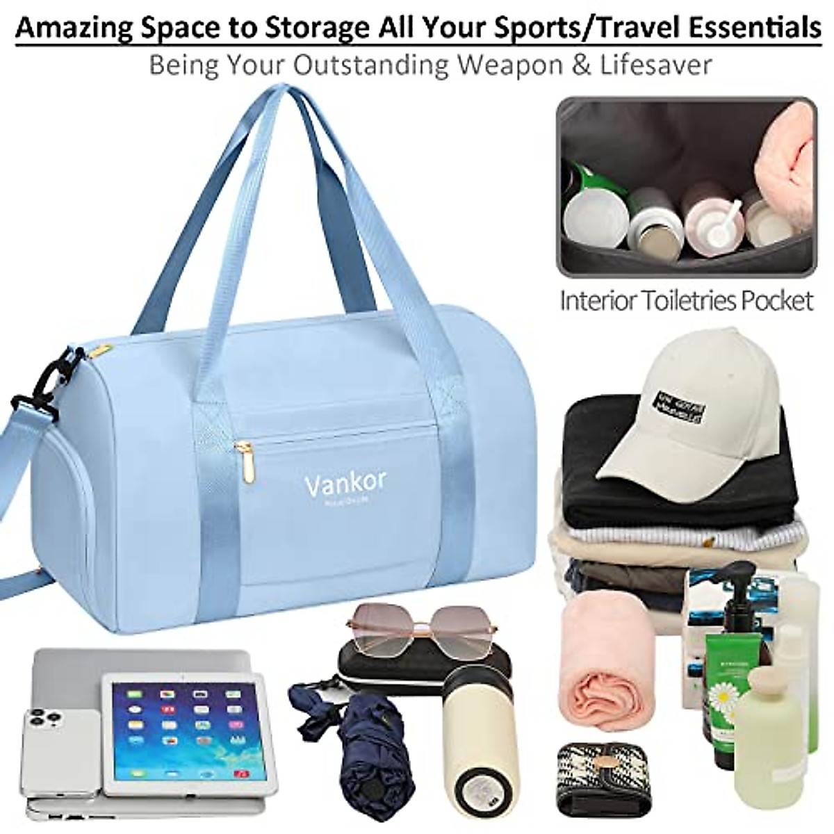 Gym Bag for Women with Shoe Compartment Waterproof, Sports Duffle Bag for Travel Duffel Weekender Carry on Beach Yoga Overnight Luggage Mommy Maternity Hospital Bag Blue 17.50 Inch