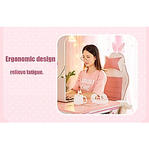 FFLLAS Gaming Chair Pink,Computer Office Chair Cute Pink Rabbit Style, with Retractable Arms and Footrest Adjustable Massage Lumbar Cushion Ergonomic Computer Desk Chair,Purple