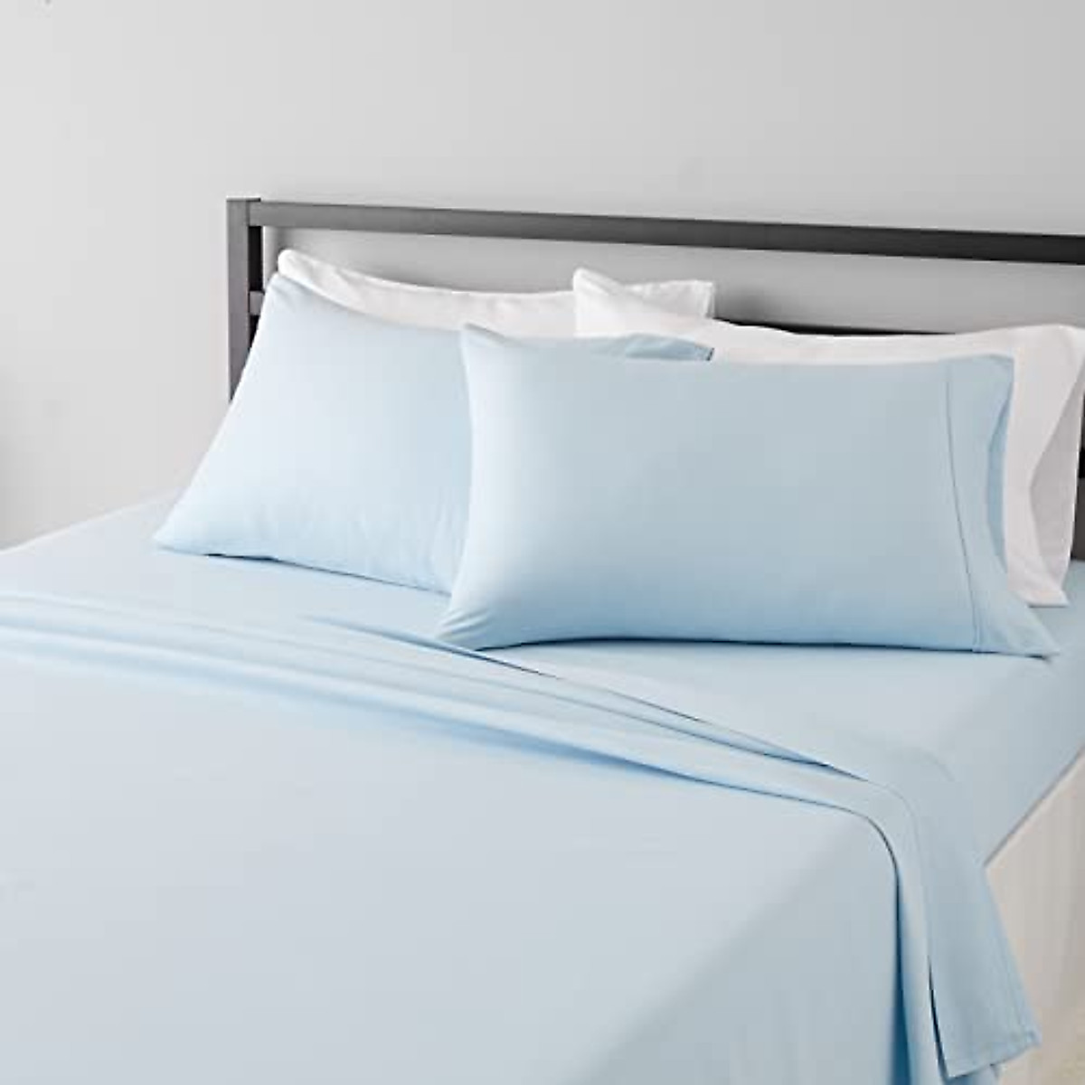 Amazon Basics Lightweight Super Soft, Wrinkle-Free Easy Care Microfiber 4-Piece Bed Sheet Set with 14-Inch Deep Pockets, Full, Light Blue, Solid