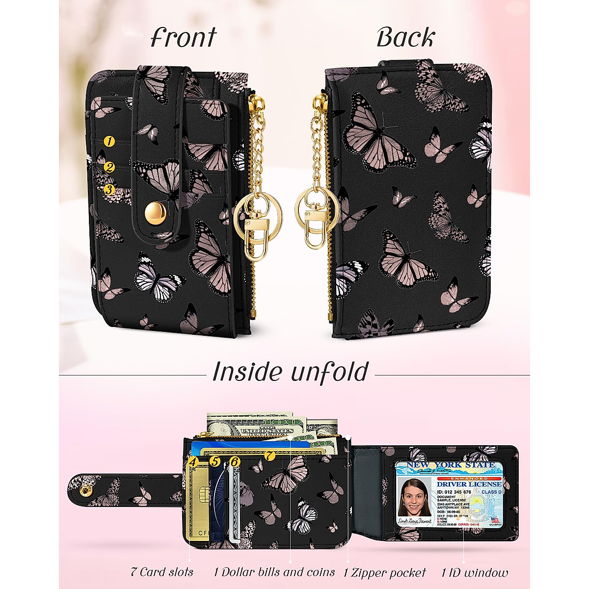 Bistup Credit Card Holder Wallet for Women - Cute Small for Ladies Teen Girls Female Rfid Butterfly Black Leather Cardholder Wallets Organizer Purse Girly Aesthetic Print Unique Zipper