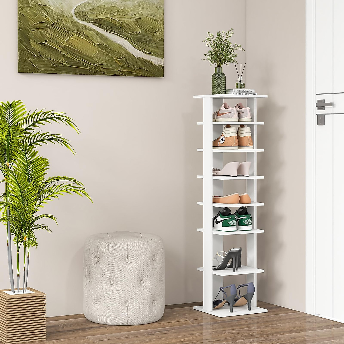 COSTWAY 8-Tier Vertical Shoe Rack, Tall Narrow Shoe Storage Organizer with Removable Shelf for Boots, Anti-Tipping Kit, Space-Saving Shoe Stand with for Small Place, Entryway (White)