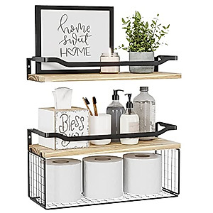 WOPITUES Floating Shelves with Wire Storage Basket, Bathroom Shelves Over Toilet with Protective Metal Guardrail, Wood Wall Shelves for Bathroom, Bedroom, Living Room, Toilet Paper- Light Brown