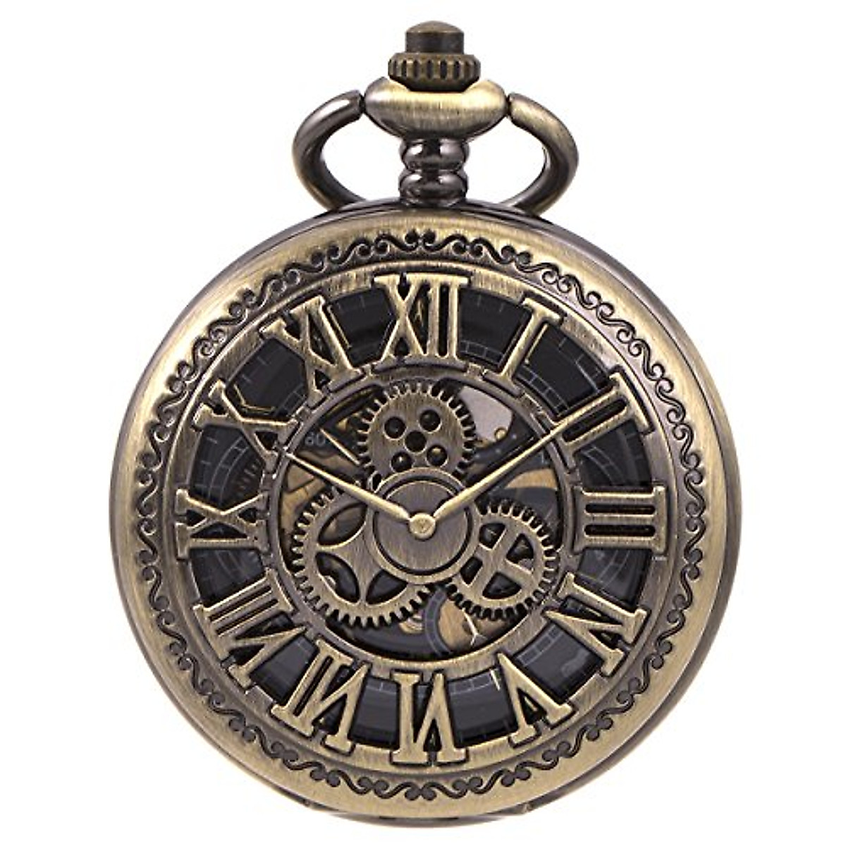 SIBOSUN Pocket Watch Skeleton Mechanical Double Case Hand-Wind Bronze Roman Numerals Antique Chain Mens
