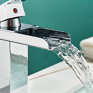 Mosson Waterfall Brass Bathroom Faucet Single Handle 1 or 3 Hole Bathroom Sink Faucet Chrome Washbasin Faucet with Deck and Water Supply Hoses