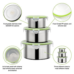 BSDLZCH 3pcs Stainless Steel Food Storage Container Set, Sealed Bowl With Cover Round Meal Prep Lunch Bento Box Kitchen Fresh-keeping Bowl Airtight Food Container for Oven Freezer (Green)