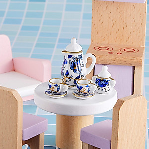 15 Pieces Miniature Porcelain Tea Cup Set Kitchen Miniature Porcelain Set Mini Flower Pattern Teapot Cup Plates Set Dollhouse Kitchen Accessories Set (Retro Flower Style)