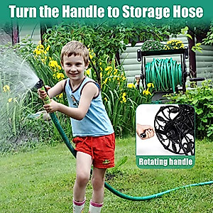 Garden Hose Reel Wall Mount with 6.5ft Leader Hose, Storage Shelf, Holds 130ft of 5/8 Hose, Portable Cast Iron Water Hose Reel for Outside Gardening Tools, Decorative Metal Hose Storage Holder