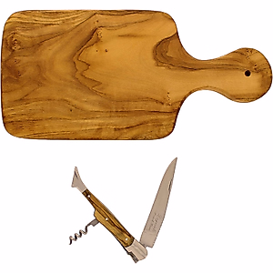 French Home Olive Wood 11-inch Cutting board with a Laguiole Pocket Knife with Cork Screw