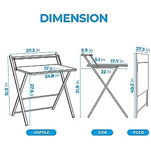 GreenForest Folding Desk No Assembly Required Small Size, 2-Tier Foldable Computer Desk with Shelf for Home Office, Space Saving Portable Laptop Study Foldable Table for Small Spaces, Black