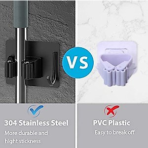 HOMEASY Mop Broom Holder No Drill SUS304 Stainless Steel, Mop Broom Organizer Wall Mounted Heavy Duty with Hooks Hanger, Storage Rack Self Adhesive 4Pcs for Bathroom, Kitchen, Office, Black