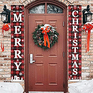Merry Christmas Door Banners Porch Sign Hanging Banner Flag for Christmas Home Wall Indoor Outdoor Christmas Party Decorations