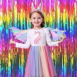 2 Packs Rainbow Backdrop Neon Metallic Tinsel Foil Fringe Curtain Photo Booth Props for Birthday Gay Pride Day Bachelorette Wedding Engagement Bridal Shower Baby Shower Disco Party Decorations