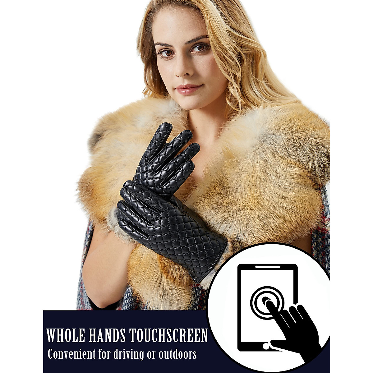 VIKIDEER Winter Warm Cashmere Lining Rabbit Fur Cuffs Leather Gloves for Women Touchscreen Black Large