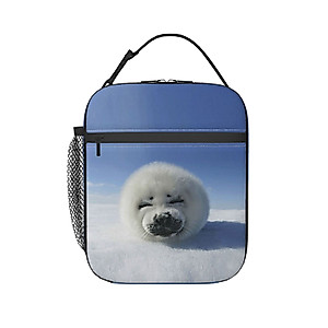 HIONHSW Smiling Harp Seal Insulated Lunch Box Removable Buckle Handle Strap Bag Lunch Container For Women, Men, Kid