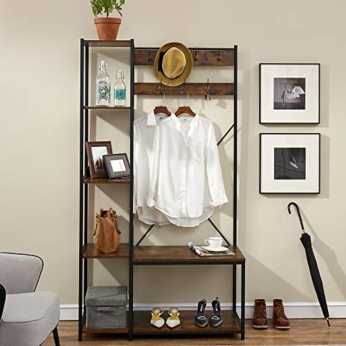 VECELO Coat Rack Shoe Bench,Hall Tree with 7 Hooks Entryway Storage 4-Tier Shelves and 1-Tier Shoe Shelf,Wood Look Accent Furniture Metal Frame,4 in 1 Design, Easy Assembly,Brown