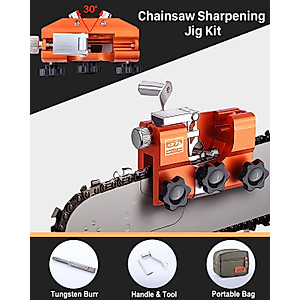 Freeyou Chainsaw Sharpener, Chainsaw Sharpening Jig Kit with Tungsten Burr and Portable Storage Bag, Hand-Cranked Sharpening Tool for 8-22 inches Chain Saws and Electric Saws. (Tungsten Burr)