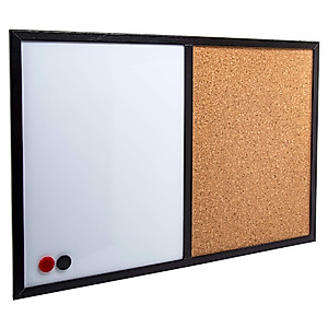 DESK TECH Small Half Cork Bulleting Board Half Dry Erase White Board Combo with Pinewood Wooden Frame (Wooden Half Cork Half Black Board)