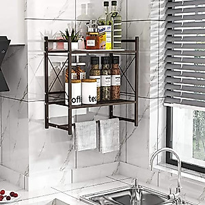 TZAMLI 2-Tier Towel Rack Wall Mounted Bathroom Shelves with Towel Bar, Floating Shelves Over Toilet, Metal Storage Shelf Shower Organizer, Brown