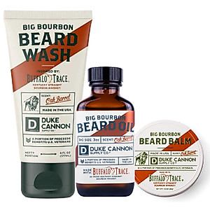 Duke Cannon Supply Co. Big Bourbon Beard Care Collection Gift Bundle (3 Piece Set) - Beard Wash, Balm and Oil (Oak Barrel Scent)