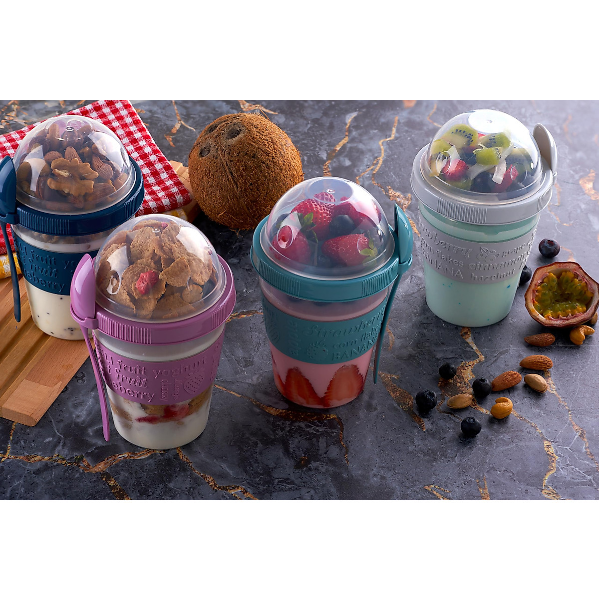 BCS 4 Pack Yogurt Parfait Cups with Lids Reusable Take and Go Yogurt Containers with Lids and Spoons Overnight Oats Containers Breakfast on the Go Durable Cups with Topping for Cereal Granola (20 oz)
