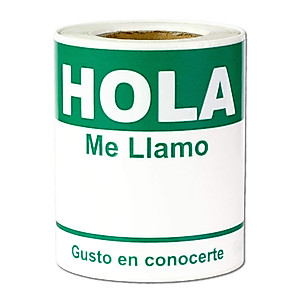 300 Hola, Me Llamo Equiqueta, Spanish Name Tags, Green - 2.3 x 4 inch - Hola Name Tags in Spanish/Identification Labels - 3 Rolls of 100 Nametags
