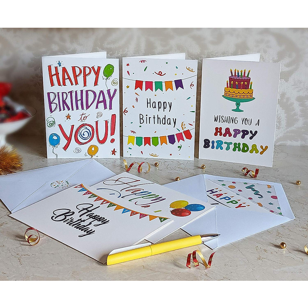 100 Happy Birthday Cards Bulk, Large 5x7 Inch Assorted, with Envelopes ,Stickers and Simple Greetings Inside , 10 Unique Designs, Thick Card Stock Box Set