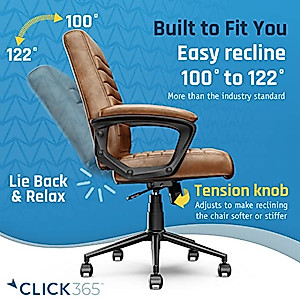 Click365 Transform 3.0 Extra Comfort Ergonomic Mid Back Channel Stitching Desk Chair, with Padded armrests, Adjustable-Height, Tilt, Lumbar Support, 360-Degree Swivel, Bonded Leather, Cognac