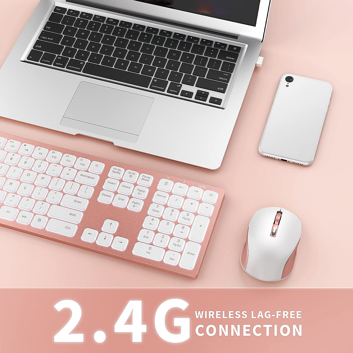 Wireless Keyboard and Mouse Combo with Backlit, Seenda Illuminated Rechargeable Full-Size Keyboard and Mouse for Windows Computer Laptop Desktop (Rose Gold)