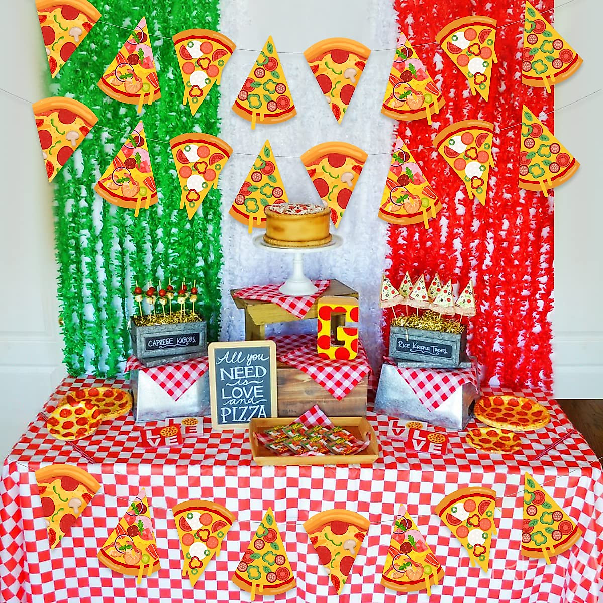 Fangleland 3 Pieces Pizza Banner, Pizza Theme Pennant Bunting Garland for Baby Shower, Birthday Bachelorette Party Supplies, Fast Food Theme Decorations for Pizza Party Time