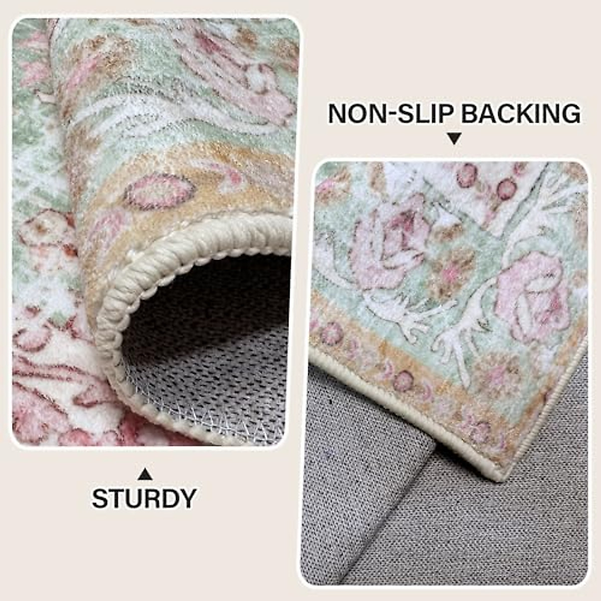 Vhong Washable Area Rugs Boho Vintage Modern Neutral Small Carpet Green and Pink High Traffic Rugs 3×5 for Dinning Room Living Room Bedroom Farmhouse Non Slip
