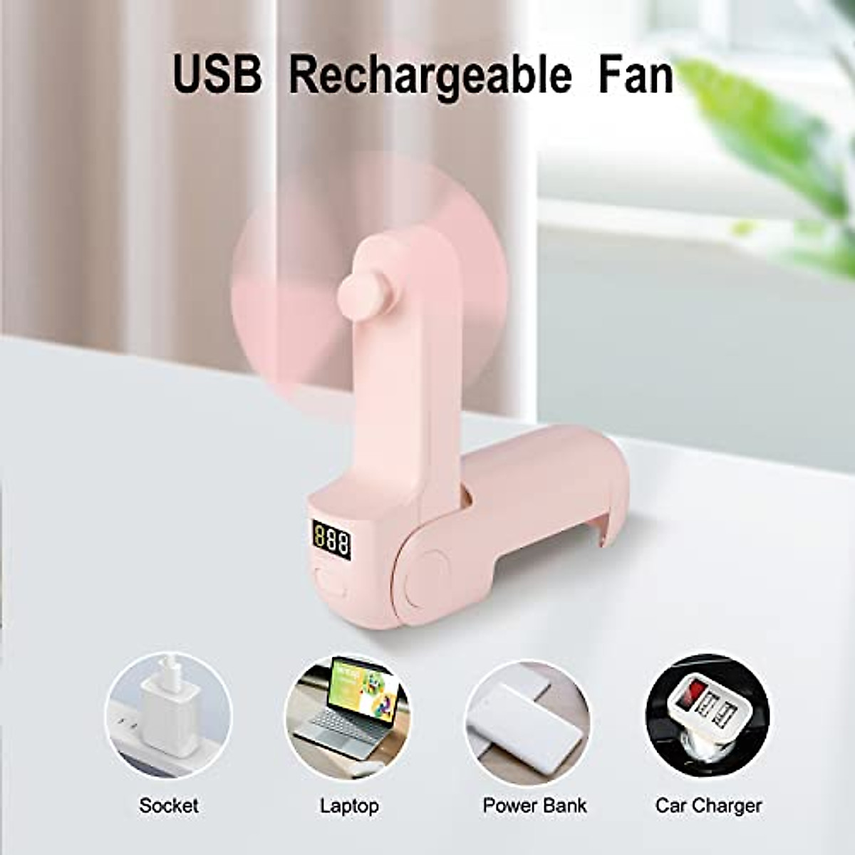 Nogegra Handheld Fan, Mini Fan Portable USB Rechargeable Small Pocket Fan, 3 IN 1 Small Personal Fan Battery Operated, Foldable Desk Travel Fan for Outdoor, Travel, Kids, Women, Pink
