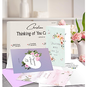 Nihuecne 24 Pack Floral Christian Thinking of You Cards with Self-adhesive Envelopes, 4"x6" Boxed Blessing Religious NoteCards with Sentiments Inside, 24 Bible Verses, 24 Desiqns