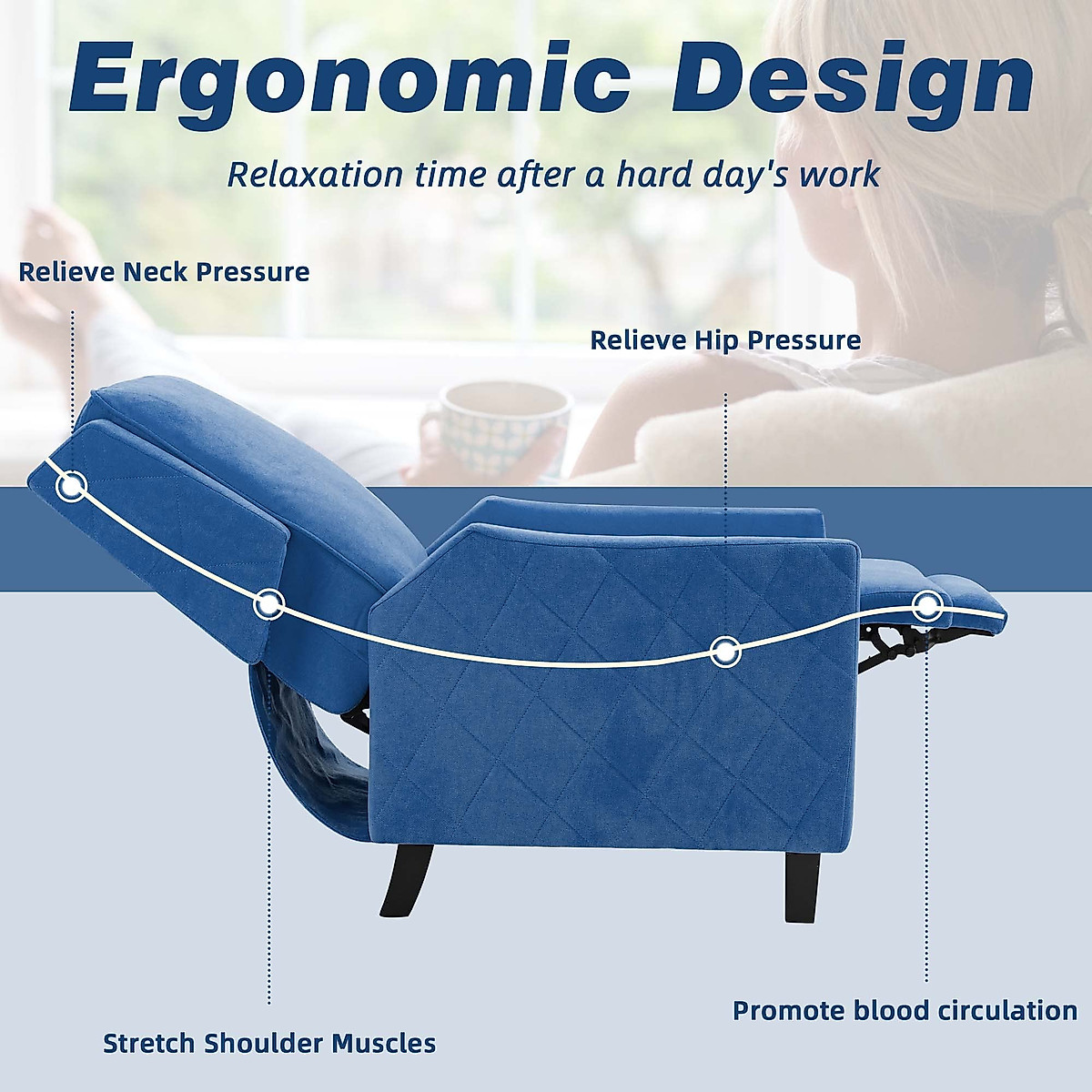 AVAWING Push Back Recliner Chair, Wing Back Chairs with Arms, Mid-Century Vintage Accent Chair for Living Room, Polyester, Blue