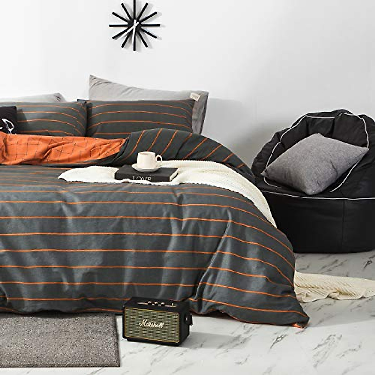 YuHeGuoJi Grey Striped Duvet Cover Queen 100% Cotton Orange Plaid Duvet Cover 3 Pcs Set 1 Reversible Gingham Duvet Cover with Zipper Ties 2 Pillowcases Neutral Modern Gray Geometric Bedding