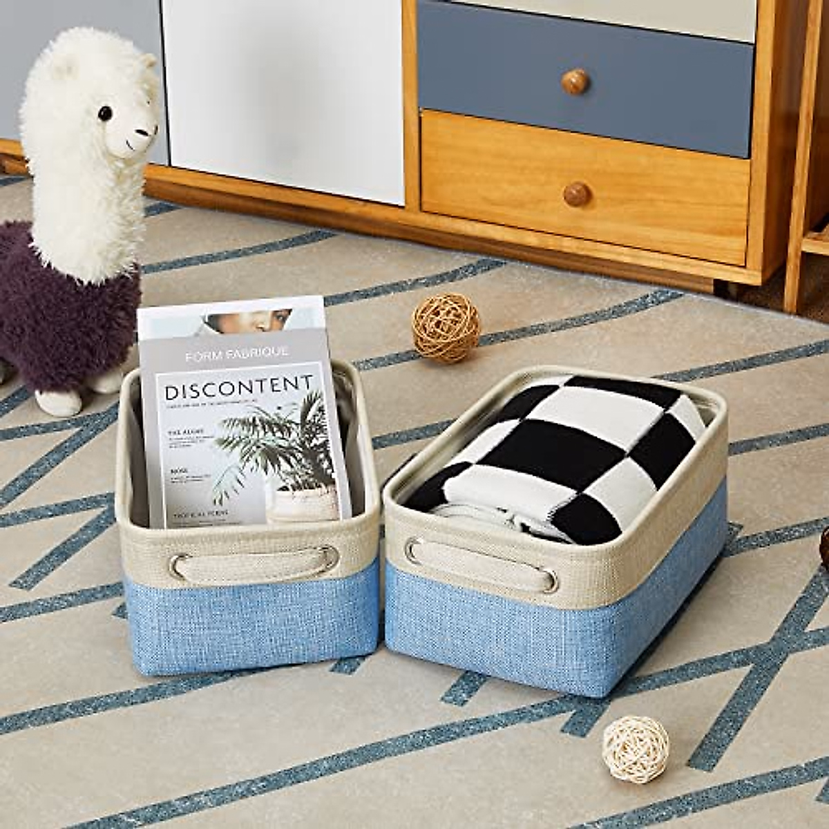 NEYKIOY Small Baskets Fabric Storage Bins 6 Pack Empty Gift Basket Decorative Storage Baskets for Shelves, Bathroom, Small Storage Basket with Handles(11.8" x 7.8" x 5.1"Inches- Beige&Blue)