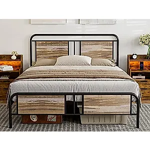IKIFLY Metal Queen Size Platform Bed Frame with Industrial Wood Headboard/Footboard, Strong Metal Slats, Easy Assembly, Noise-Free, No Box Spring Needed - Wood Brown