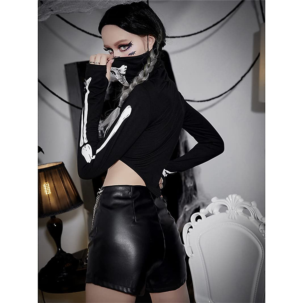 TOMETO STAR Punk Gothic Hoodies With Skeleton Printed Long Sleeve Crop Tops Emo Halloween Women Side Cutout Pullovers Fashion Hip Hop Streetwear