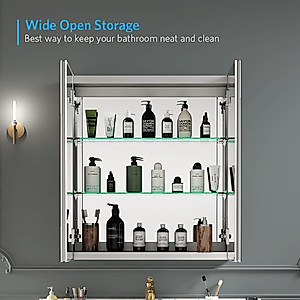 Quavikey Aluminum Medicine Cabinet with 2 Doors Recessed or Surface Mount Bathroom Mirror Cabinets 24x26 Inch, Silver